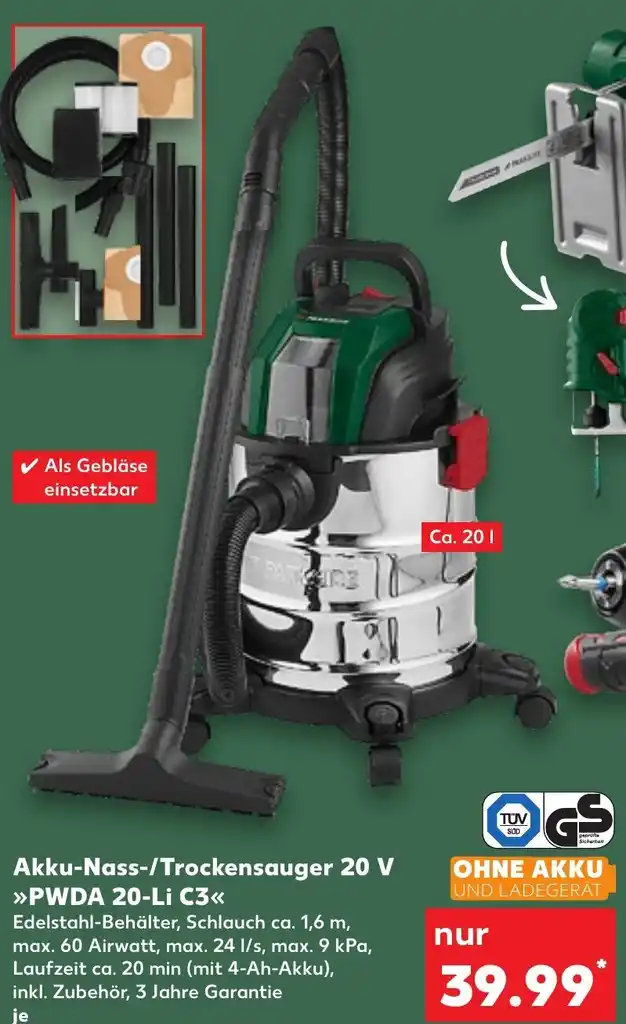 PARKSIDE Akku-Nass/Trockensauger 20 V ,,PWDA 20-Li C3"