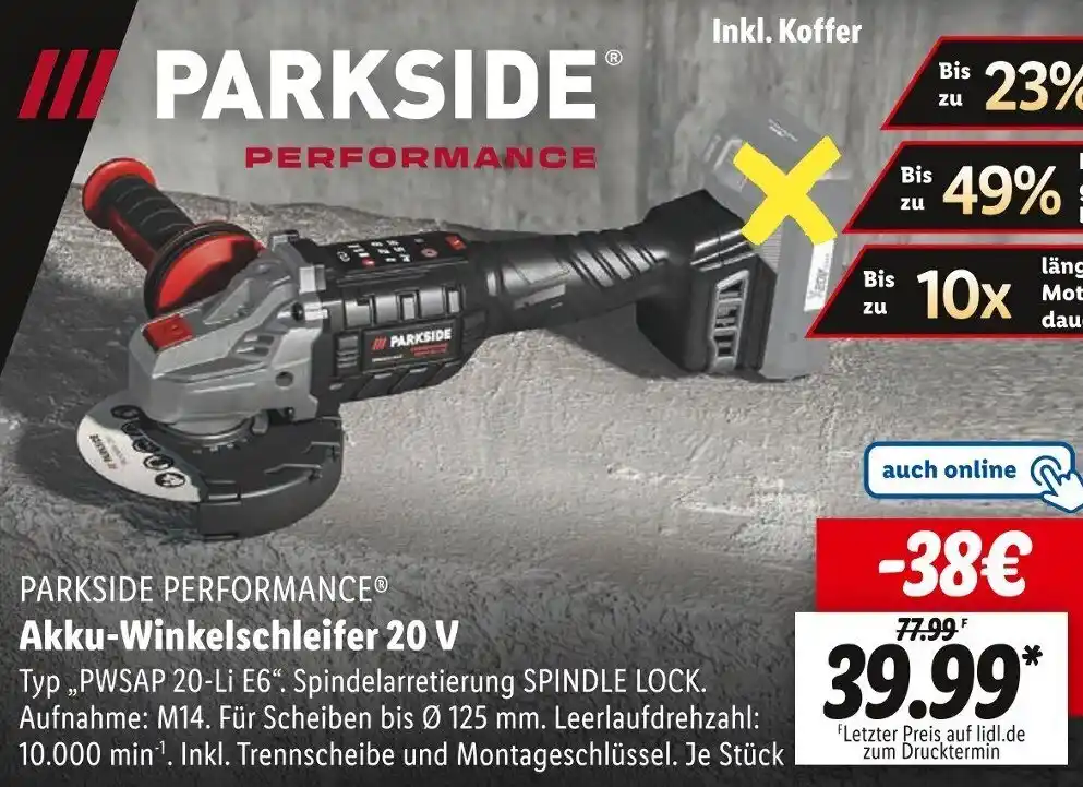 PARKSIDE PERFORMANCE Akku-Winkelschleifer 20 V